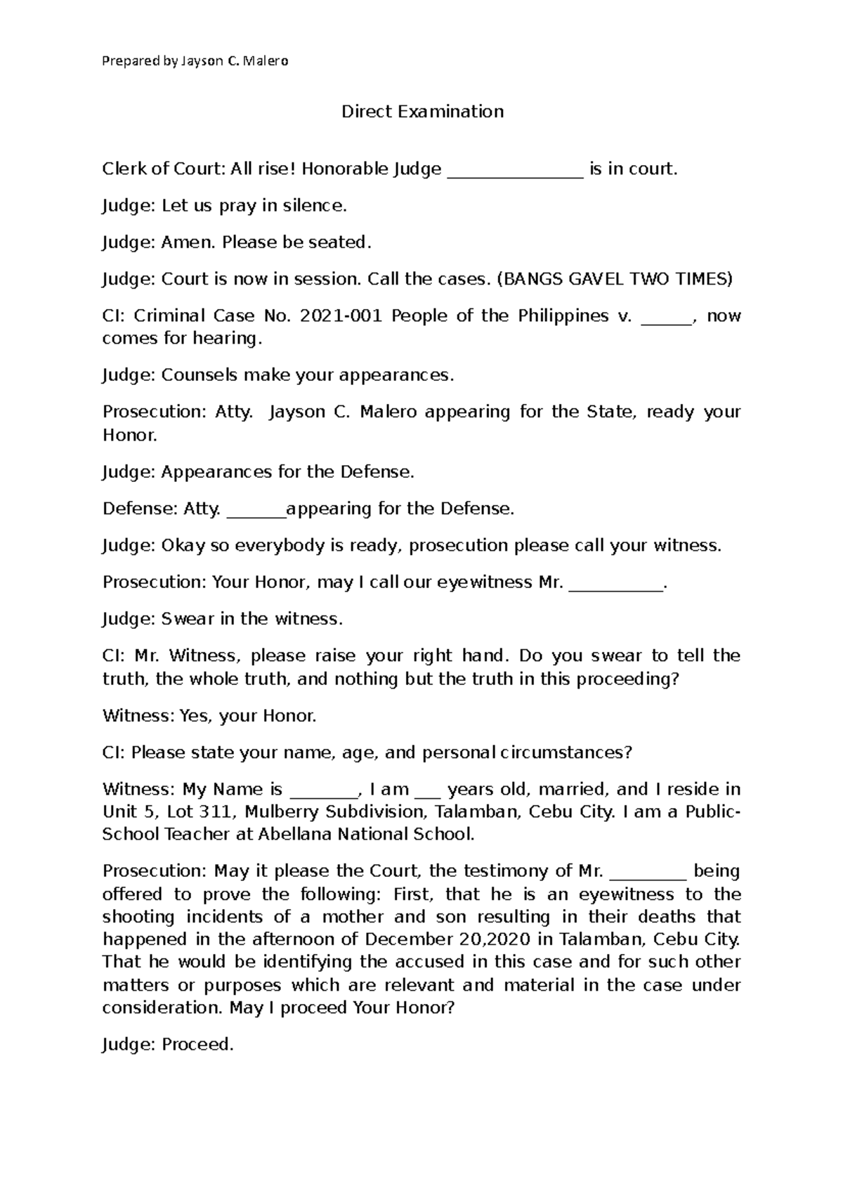 Direct Examination Script for Criminal Case No. 2021-001 - Studocu