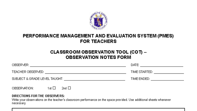 Annex E-4 COT Observation Notes Form - PERFORMANCE MANAGEMENT AND ...
