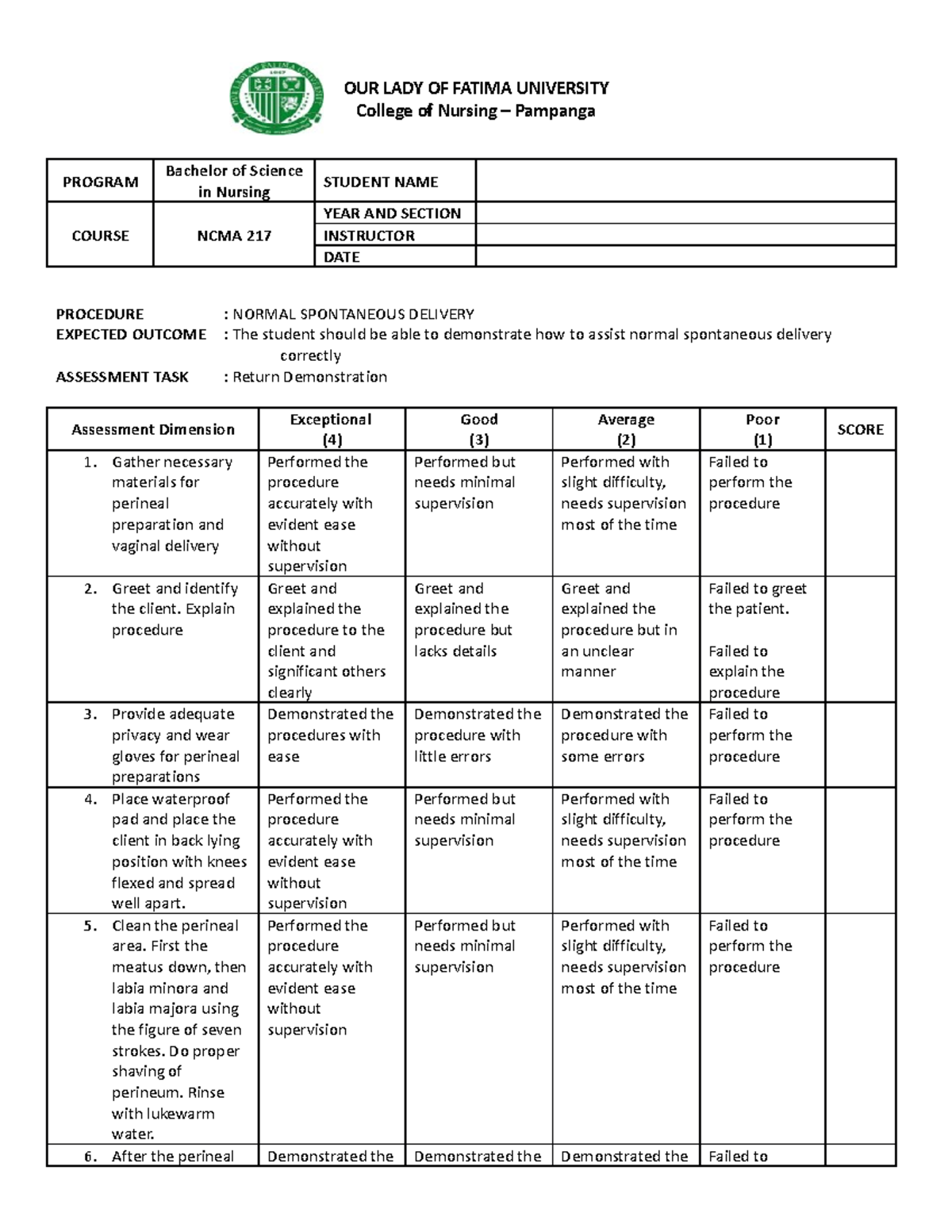 Normal Spontaneous Delivery Procedure - NCMA 217 Demonstration Guide ...