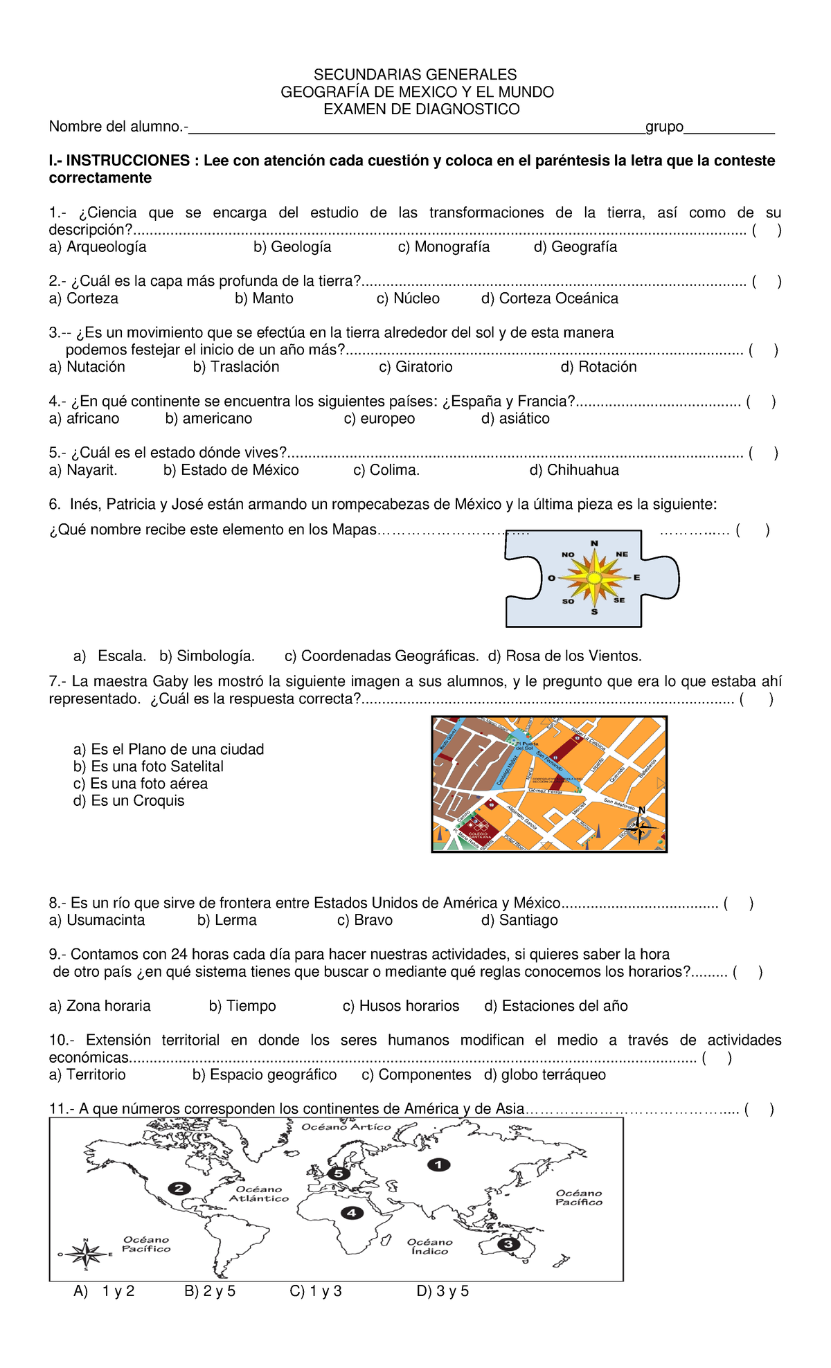 Examen Diagnostico Geografia 202-2024 - SECUNDARIAS GENERALES GEOGRAFÍA ...
