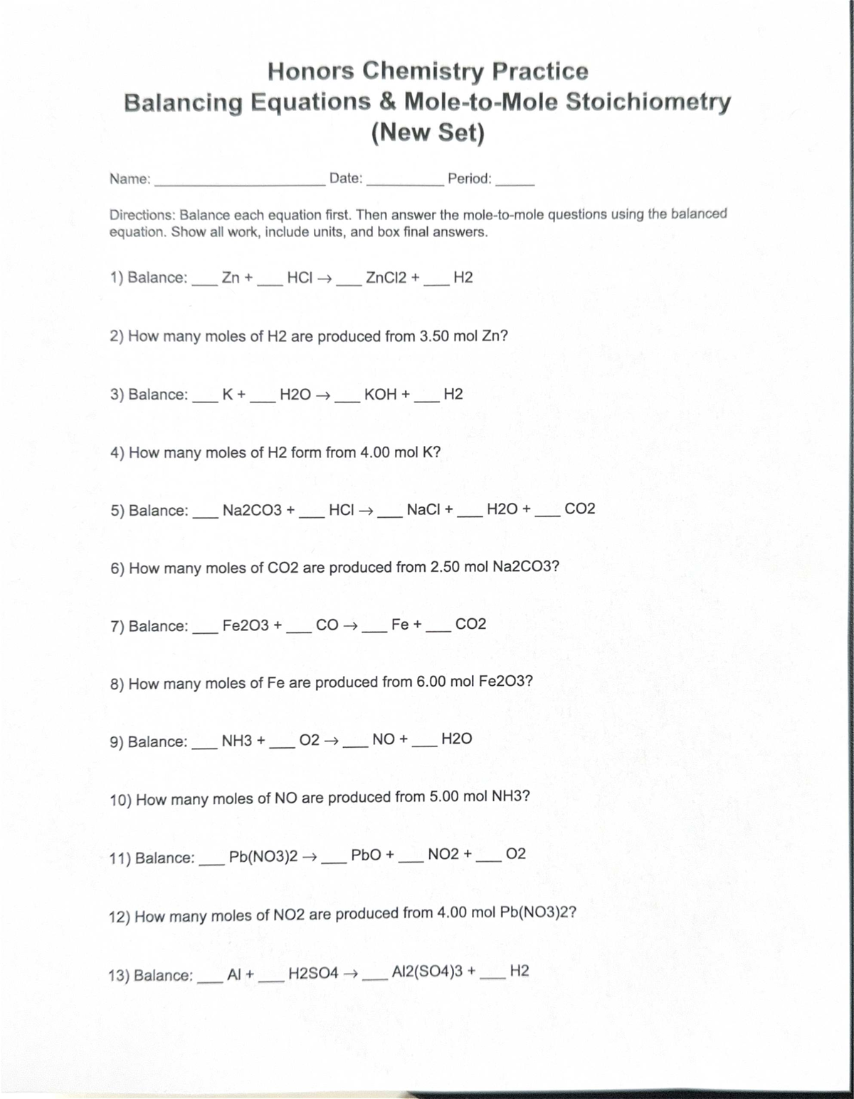 Honors Chemistry Practice: Balancing Equations & Stoichiometry - Studocu