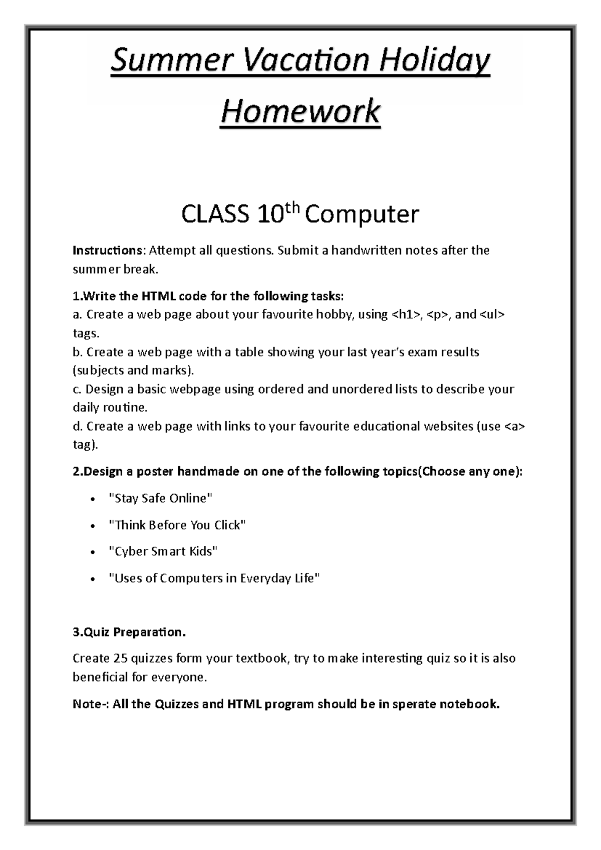 Class 10th Computer Summer Vacation Homework Instructions - Studocu