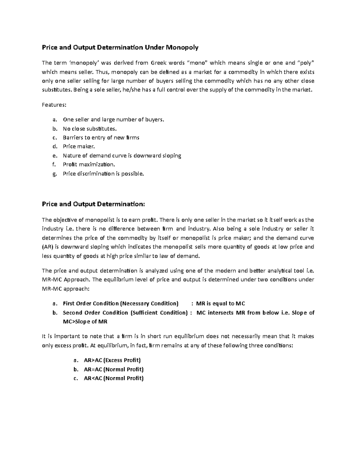 Monopoly Price and Output Determination Analysis: MR-MC Approach - Studocu