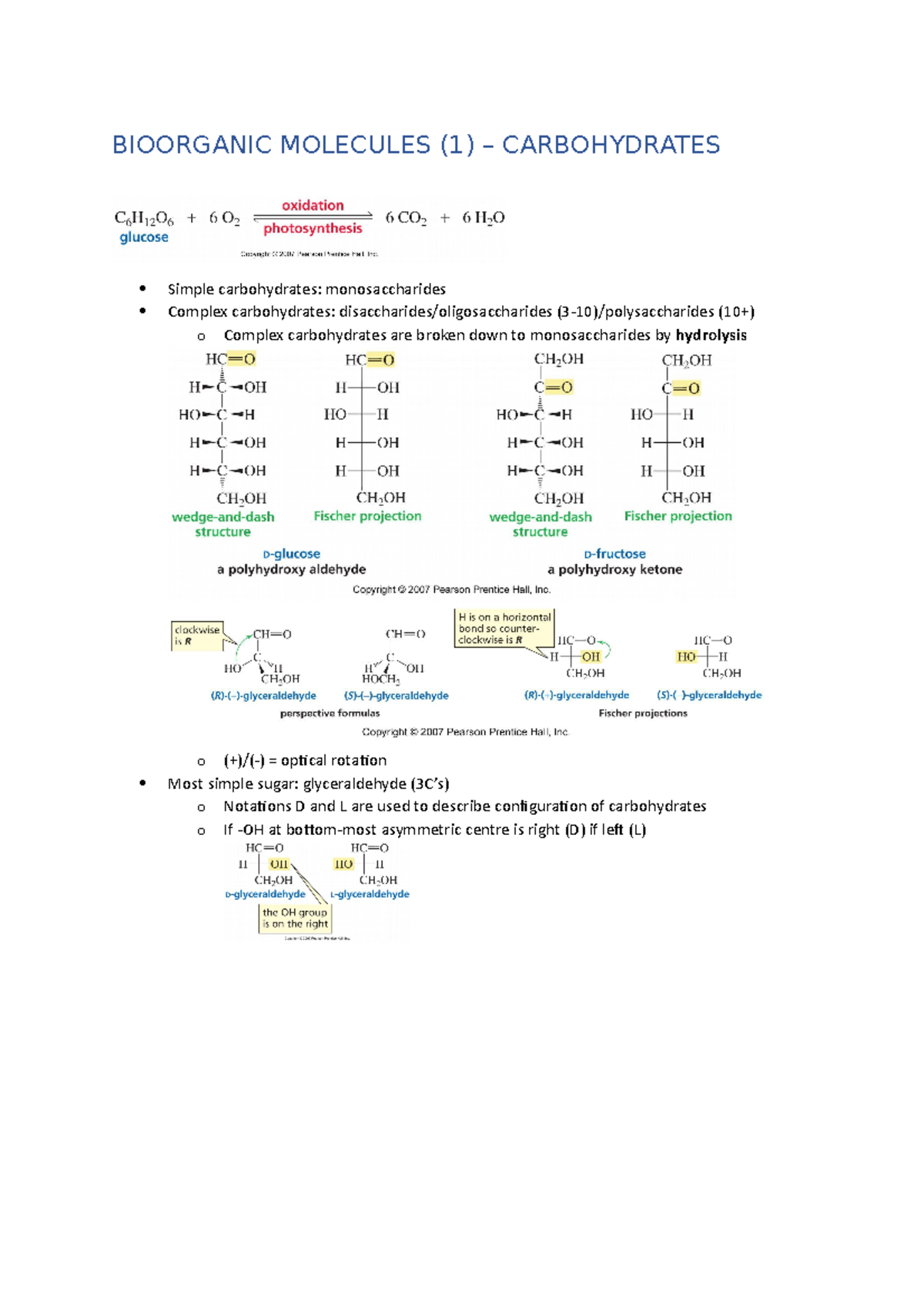 1. LECT1 - Carbohydrates - BIOORGANIC MOLECULES (1) – CARBOHYDRATES ...
