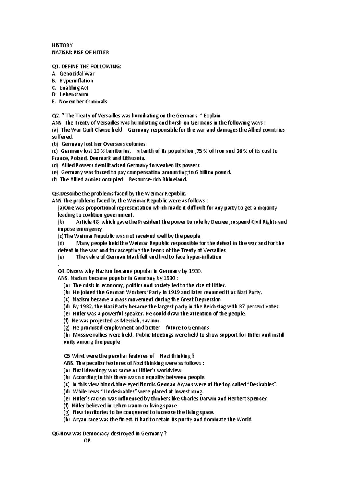 HISTORY NAZISM: THE RISE OF HITLER - STUDY NOTES - Studocu