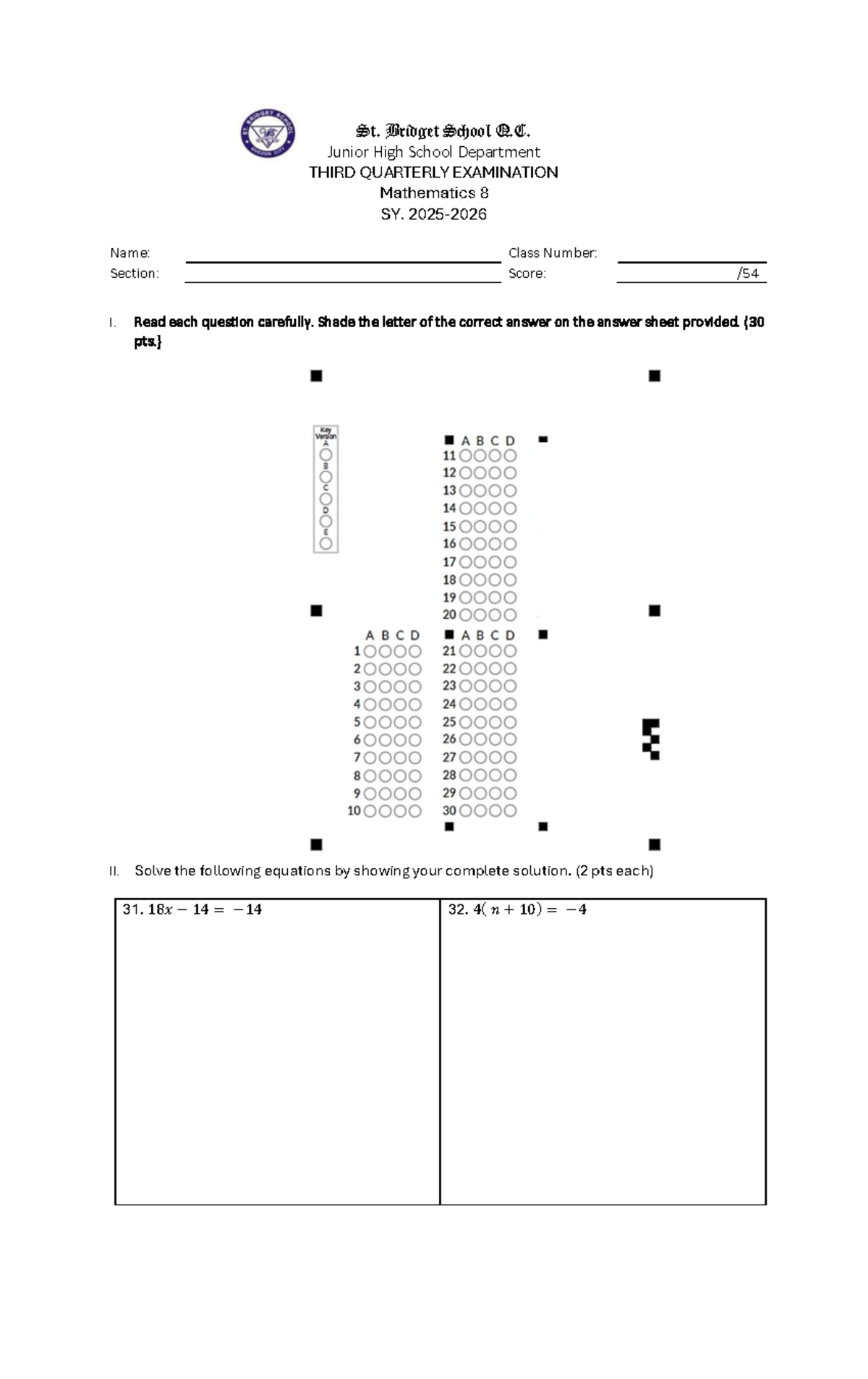 Math 8 3rd Quarter Exam Answer Sheet (SY) - Studocu