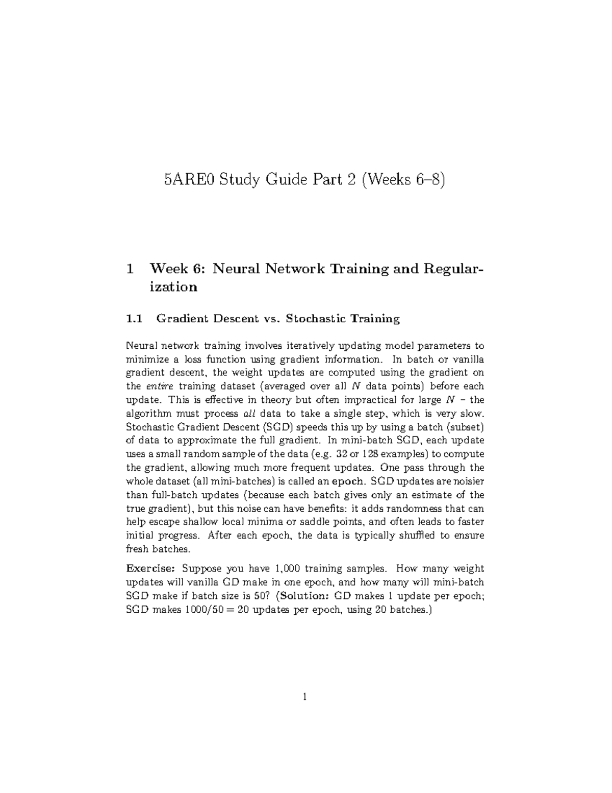 5ARE0 Study Guide Part 2: Neural Network Training & Regularization Techniques - Studeersnel