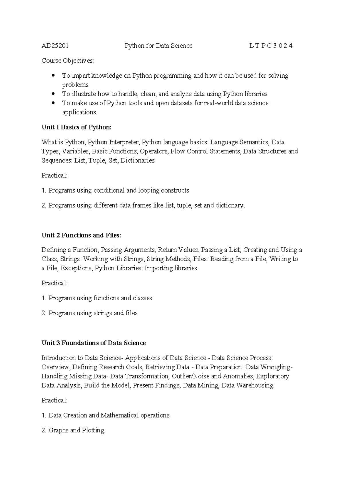 AD25201 Python for Data Science Syllabus and Course Objectives - Studocu