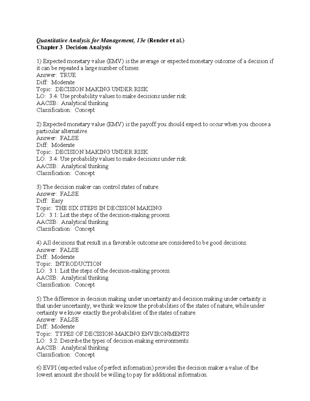 Chapter 3 - Test bank - Quantitative Analysis for Management, 13e ...