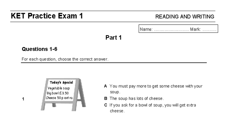 KET Exam 1 Reading & Writing Practice Test - Studocu