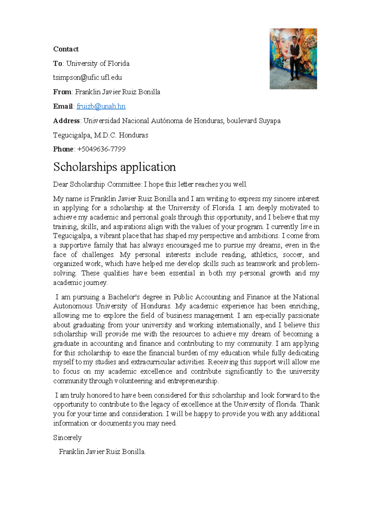 Scholarship Application Letter to University of Florida - Studocu