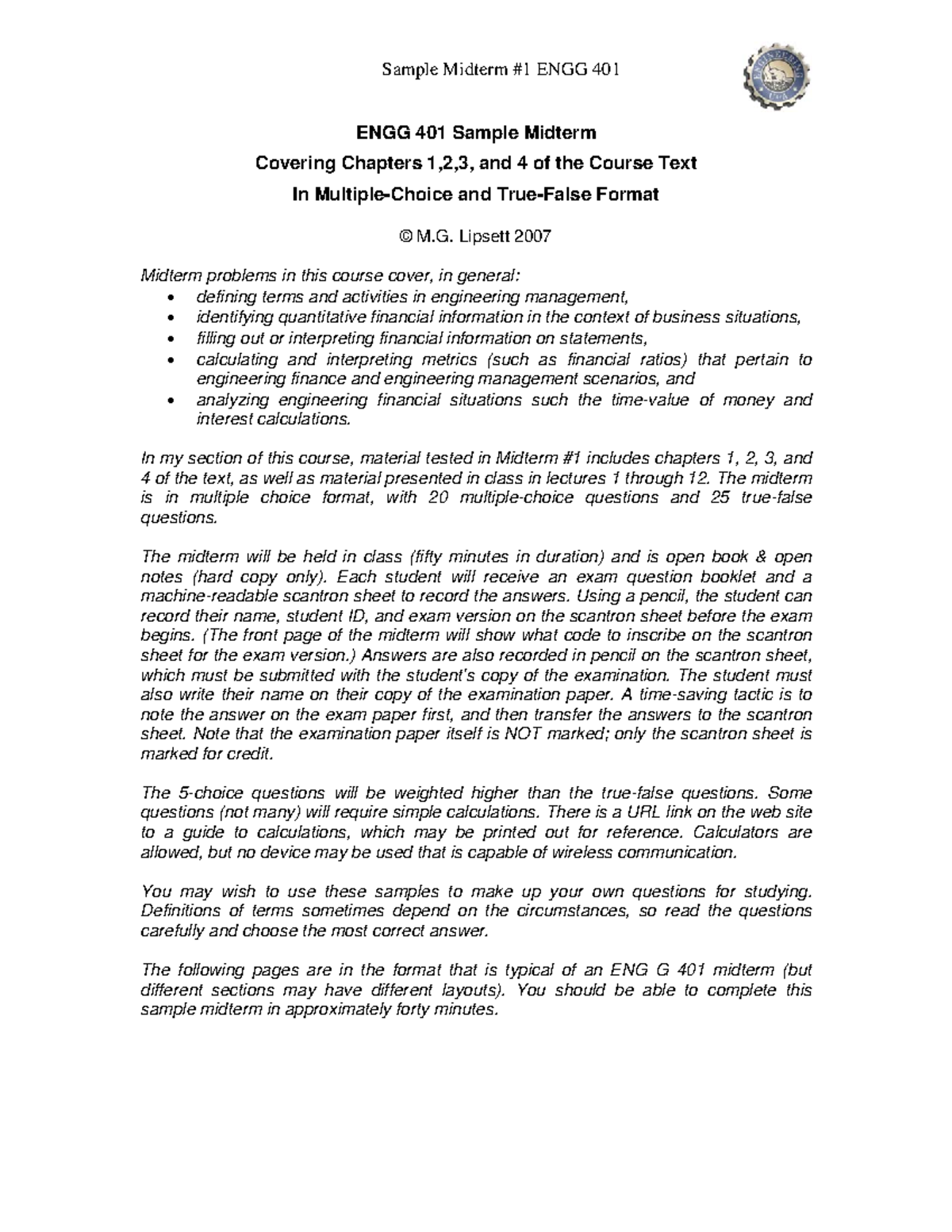 Sample Midterm Exam for ENGG 401: Chapters 1-4 Overview - Studocu