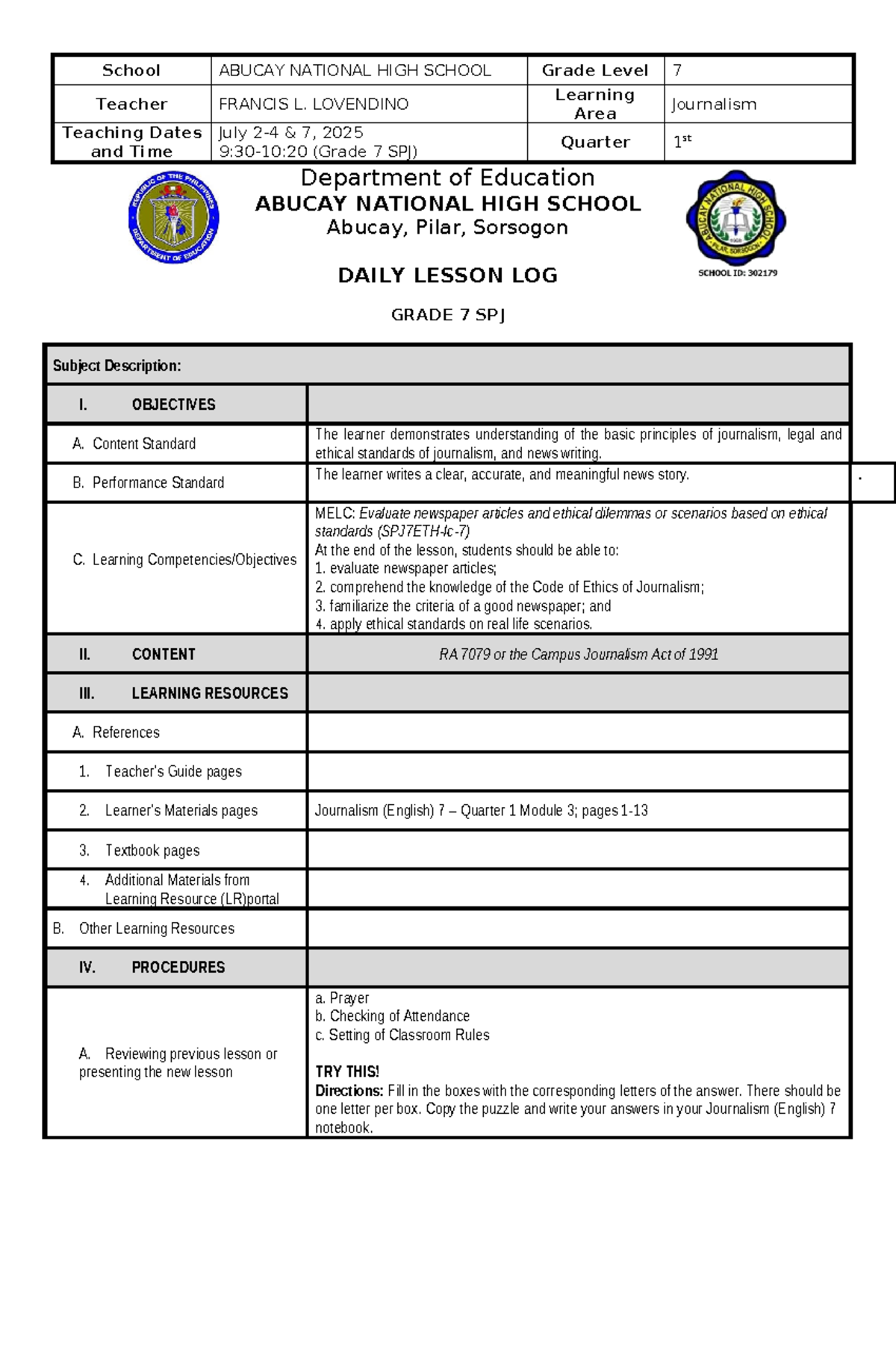 DLL for Journalism 7: Daily Lesson Log - Quarter 1 - Studocu