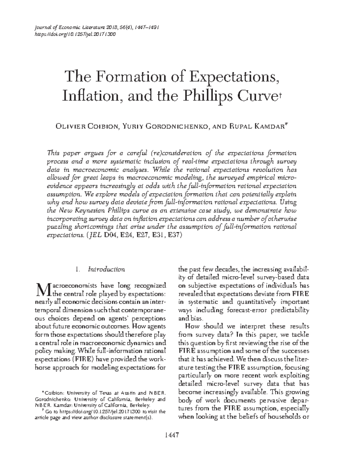 Coibion et al. (2018) - The Formation of Expectations, Inflation & the ...