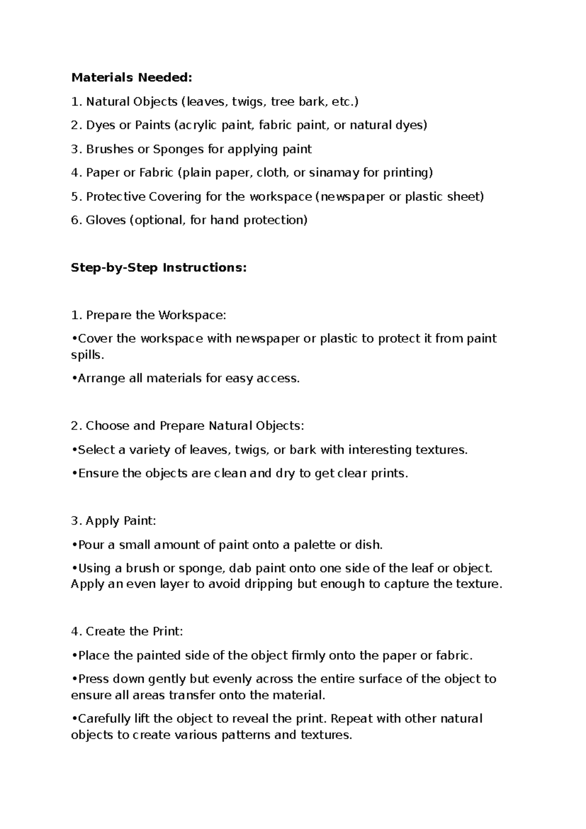 Grade 2 ARTS (Materials and Instructions) - Materials Needed: Natural ...