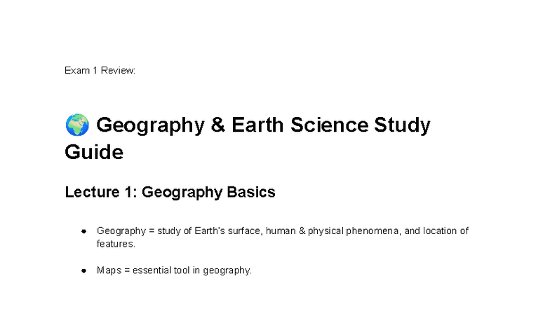 Exam 1 Study Guide: Geography & Earth Science Overview - Studocu