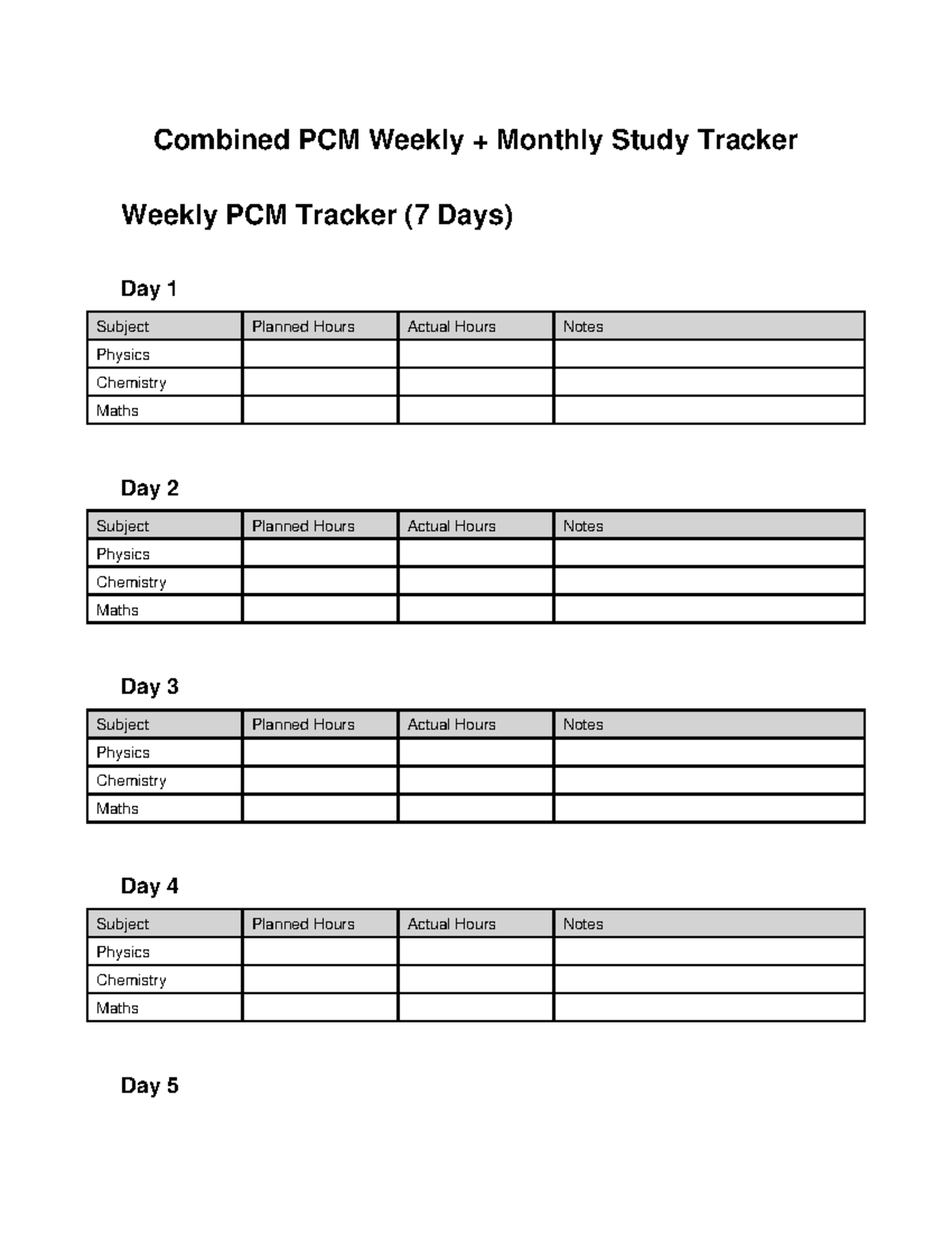 PCM Weekly & Monthly Study Tracker (Physics, Chem, Maths) - Studocu
