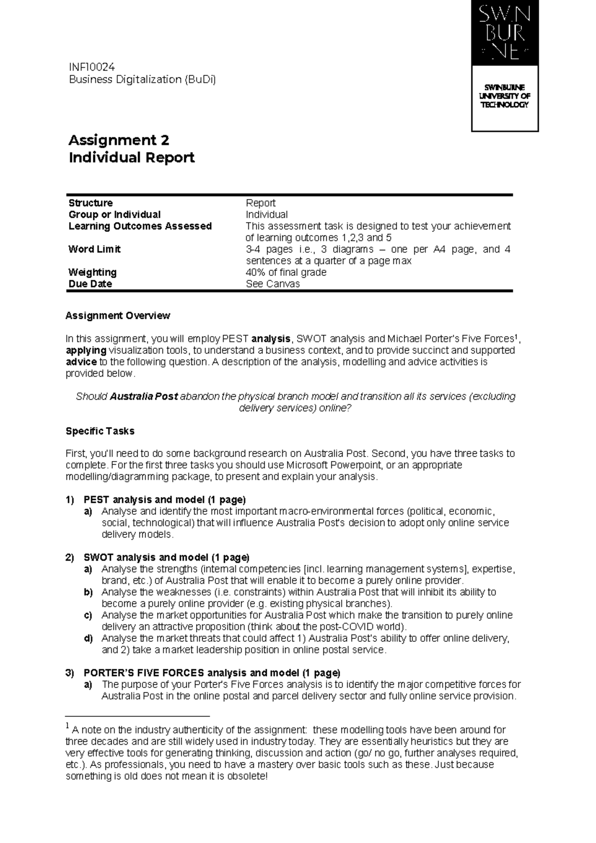 INF10024 S2 Assignment 2: Individual Report on Australia Post ...