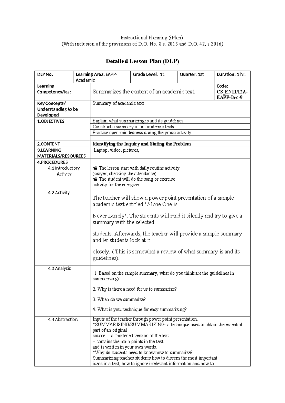 EAPP 11 - Detailed Lesson Plan on Summarizing Academic Texts - Studocu