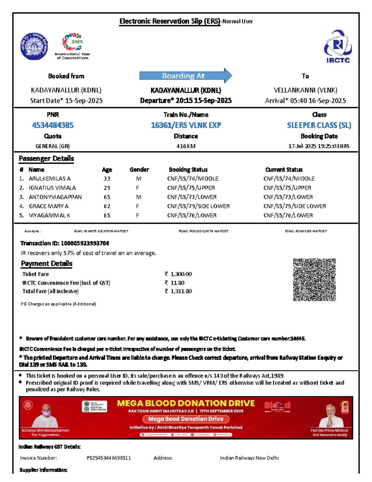 Electronic Reservation Slip for Train PNR 4534484385 from KDNL to VLNK ...