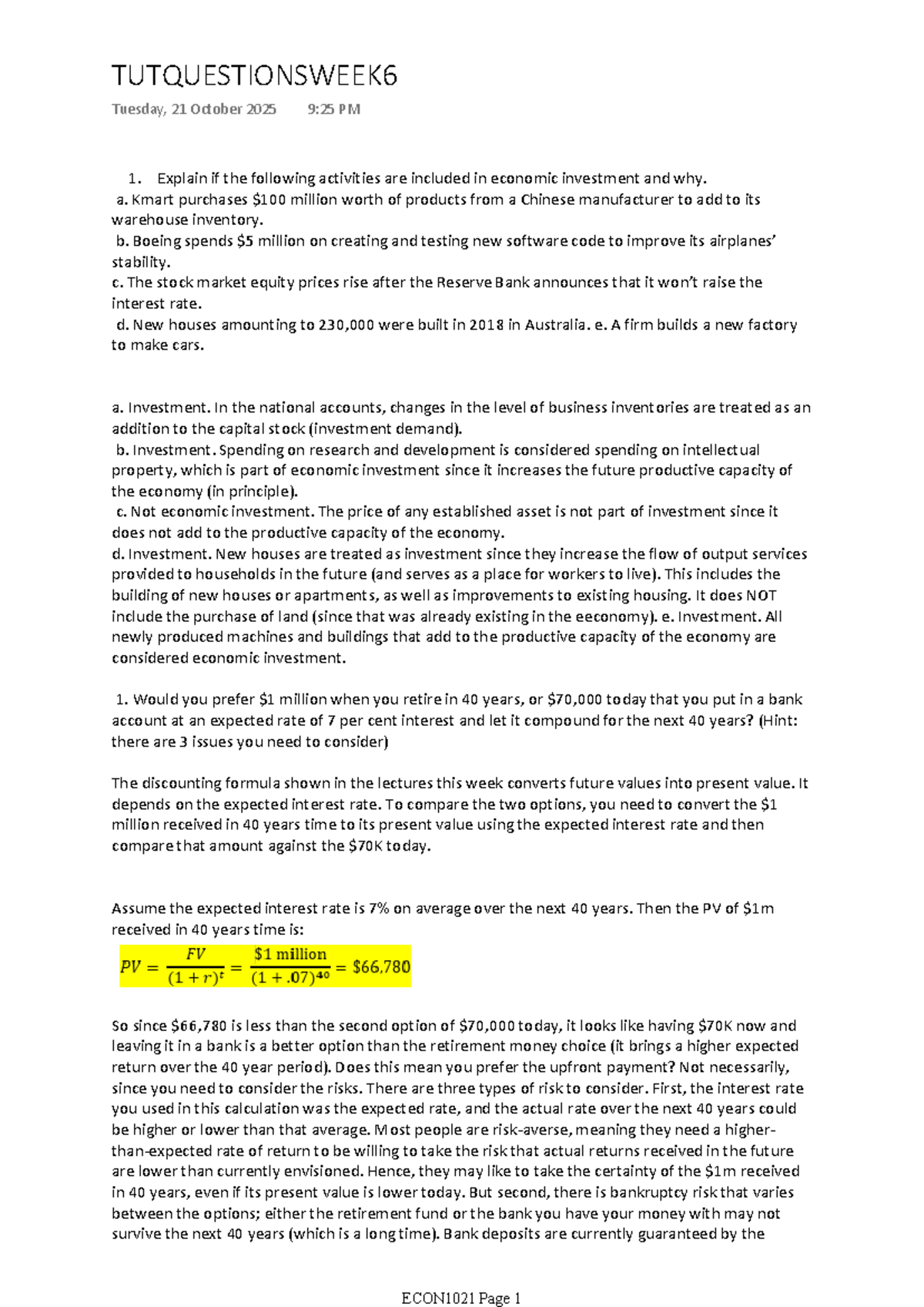ECON1021 Tutorial Questions: Economic Investment & Financial Analysis ...