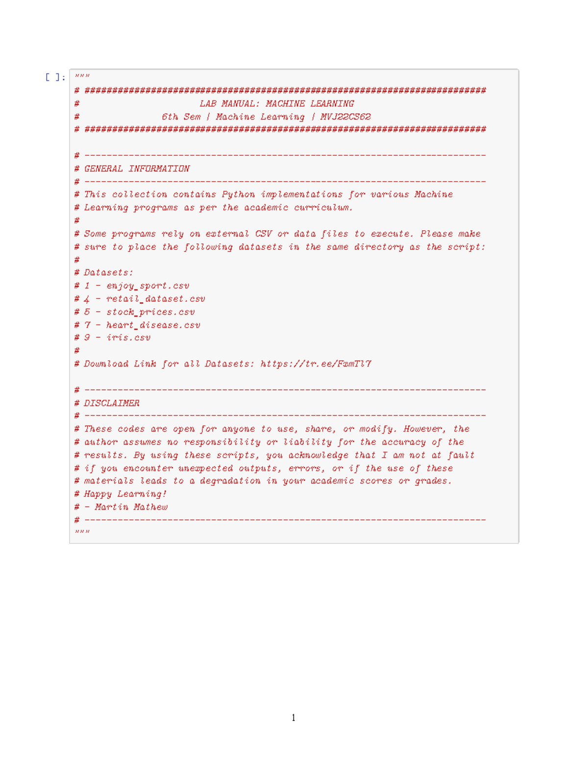 ML - Lab Manual: Python Implementations for Machine Learning MVJ22CS62 ...