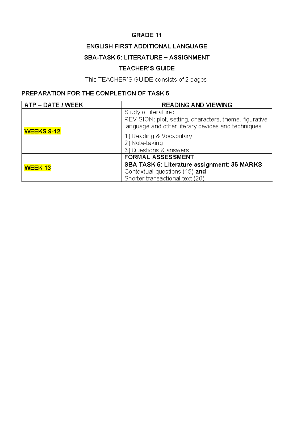 Gr 11 EFAL SBA-TASK 5: Literature Assignment Teacher's Guide - Studocu