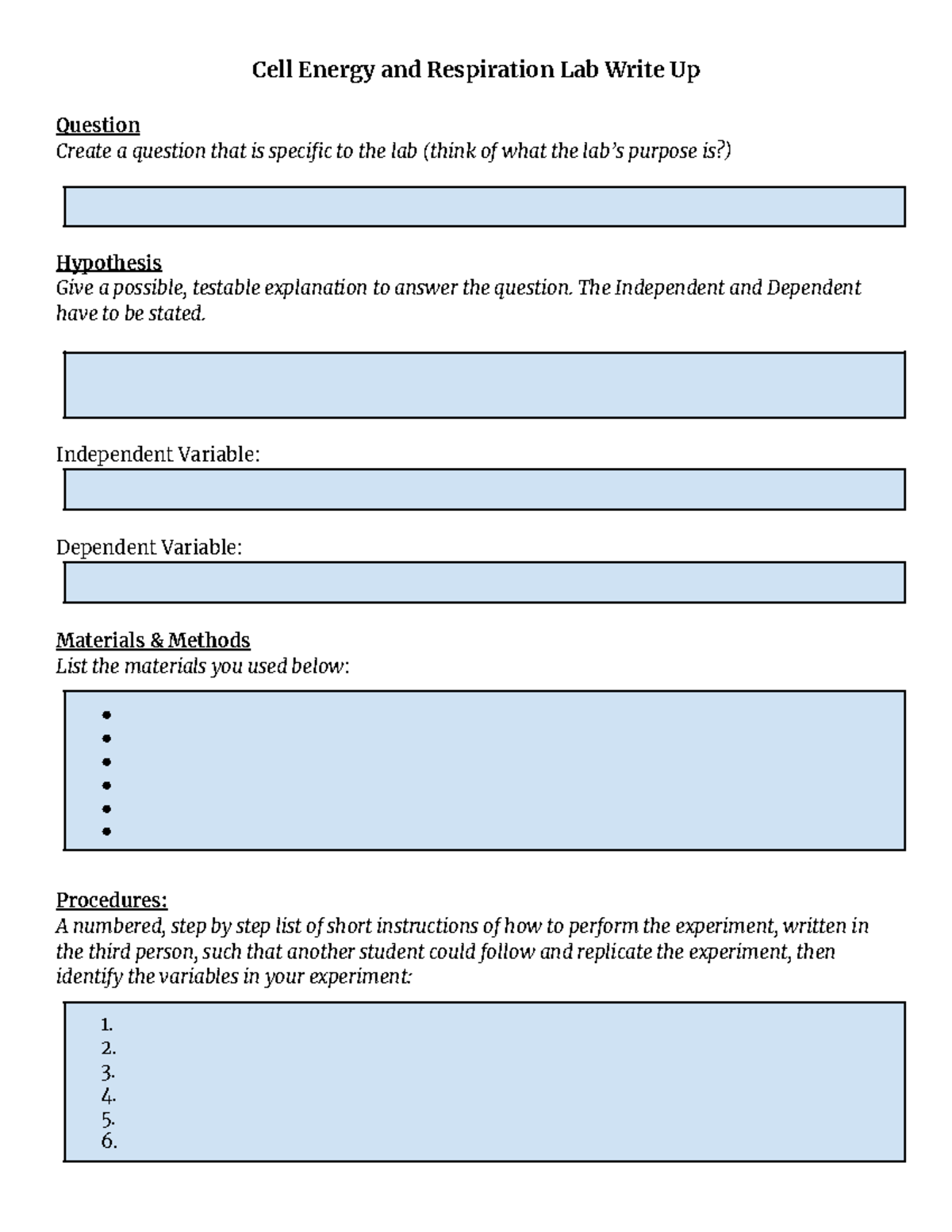 Cell Energy and Respiration Lab Write-Up (Biology 101) - Studocu