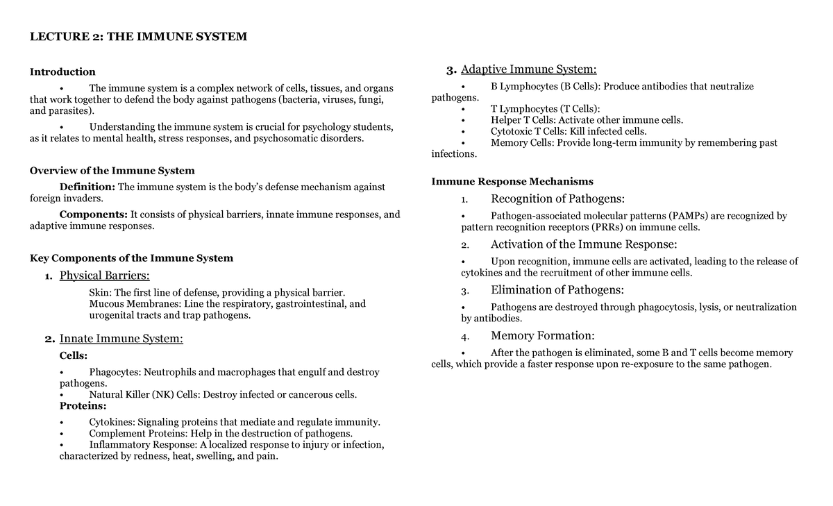 Lecture 2 The Immune System Lecture 2 The Immune System