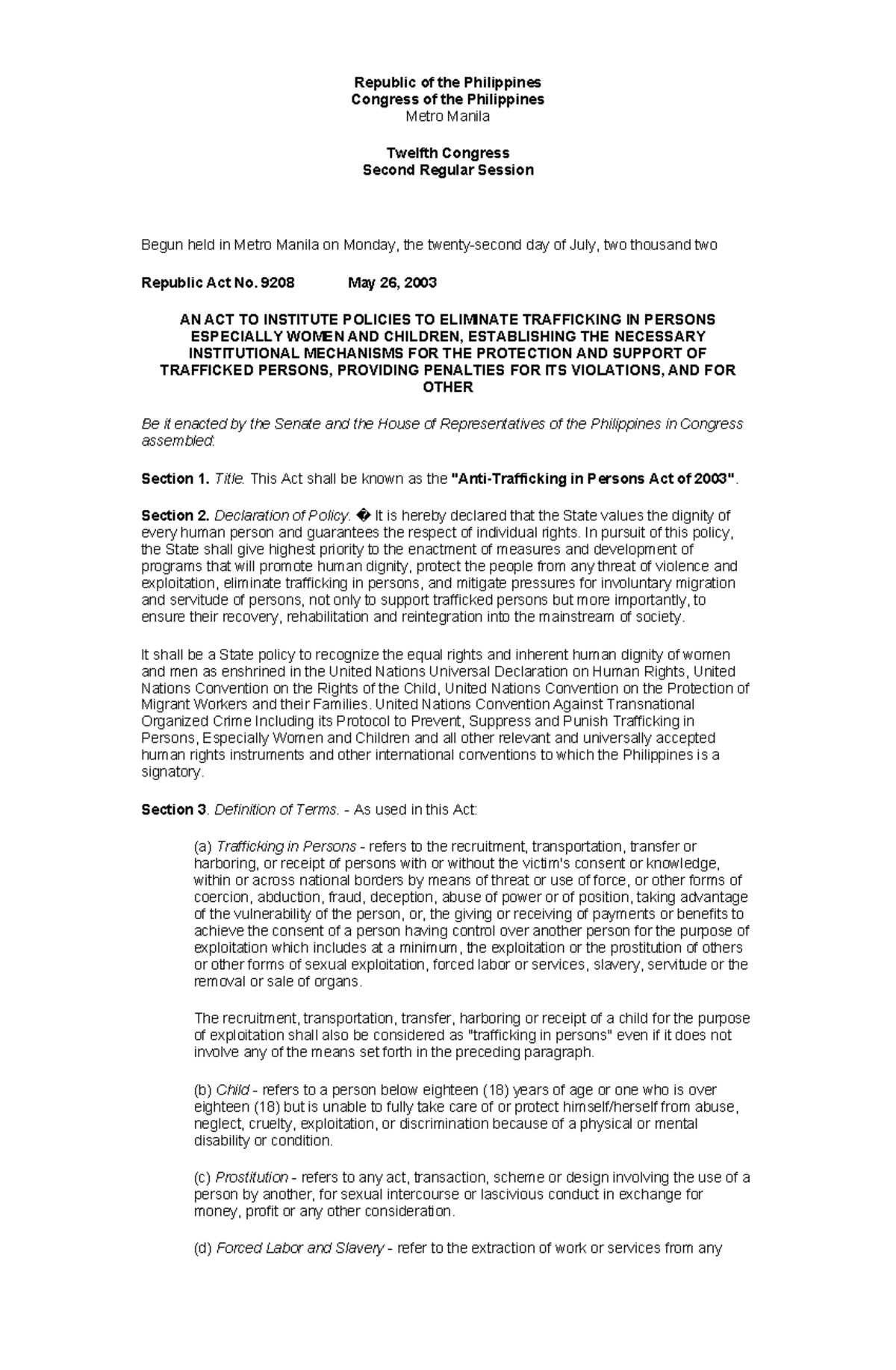 RA 9208 - Law of Philippines - Republic of the Philippines Congress of ...