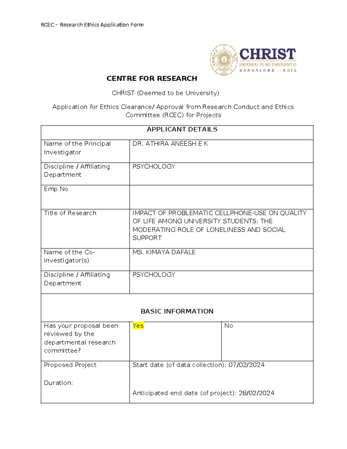 KD IRB Application(Faculty) - CENTRE FOR RESEARCH CHRIST (Deemed to be ...
