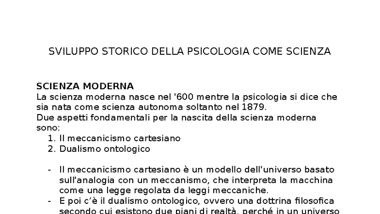 SVILUPPO STORICO DELLA PSICOLOGIA: LEZIONE 1 E MECCANICISMO - Studocu