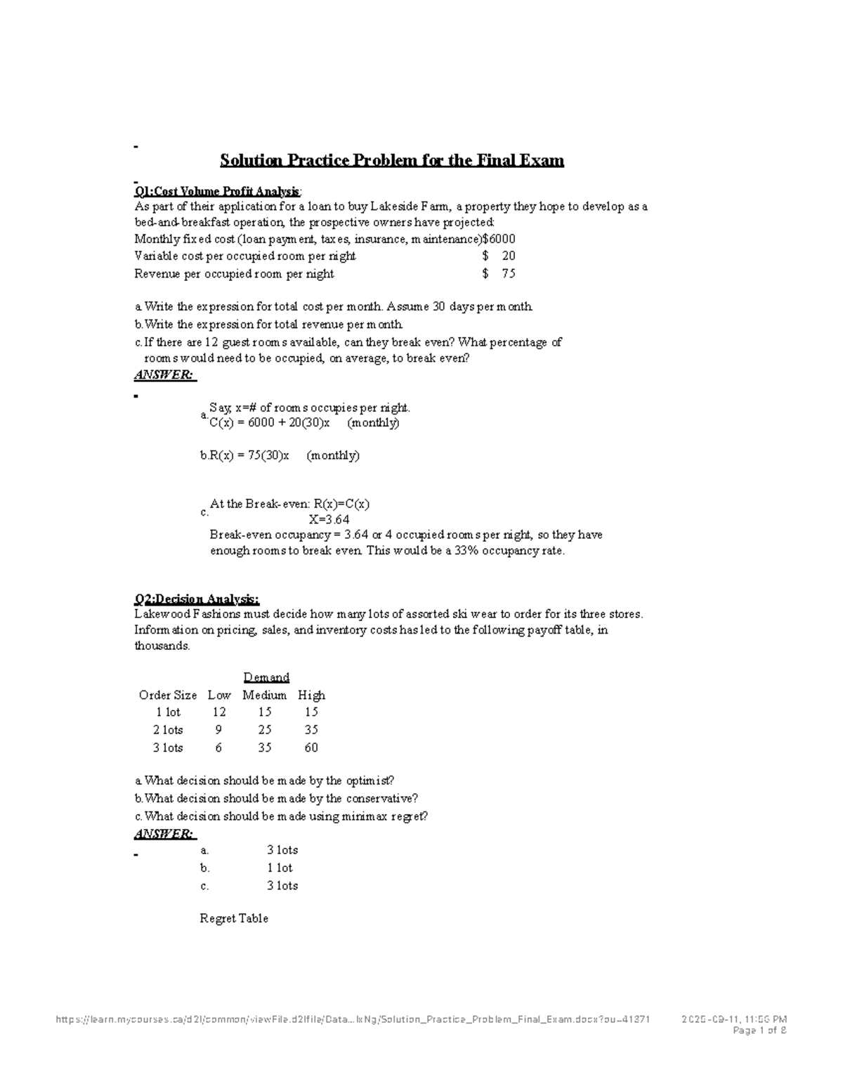 Solution Practice Problem for Final Exam: Cost Volume Profit & Decision ...