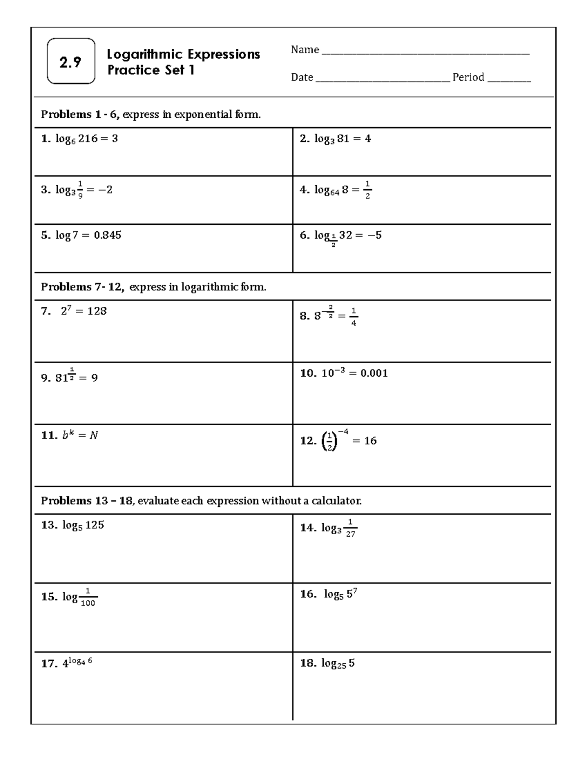2.9 Practice-1: Logarithmic Expressions Practice Set - Studocu