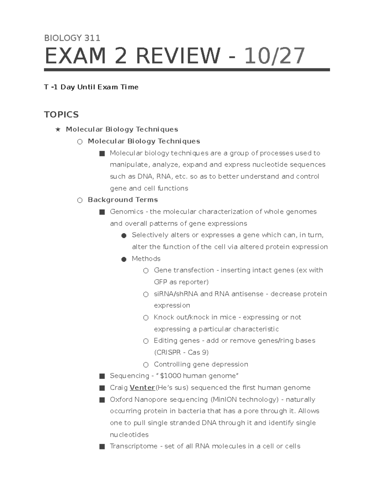 Bio 311 Exam 2 Review - BIOLOGY 311 EXAM 2 REVIEW - 10/ T -1 Day Until ...