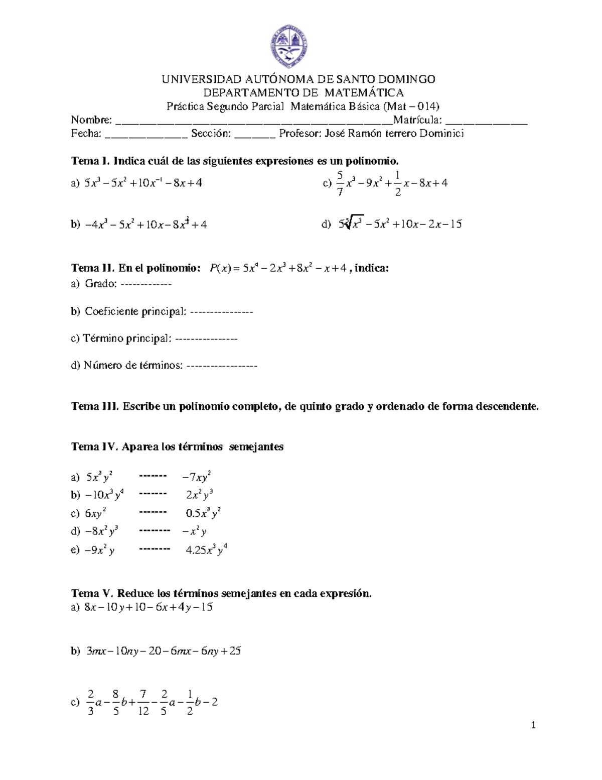 Práctica Segundo Parcial Matemática Básica (Mat 014) - Abril 2025 - Studocu