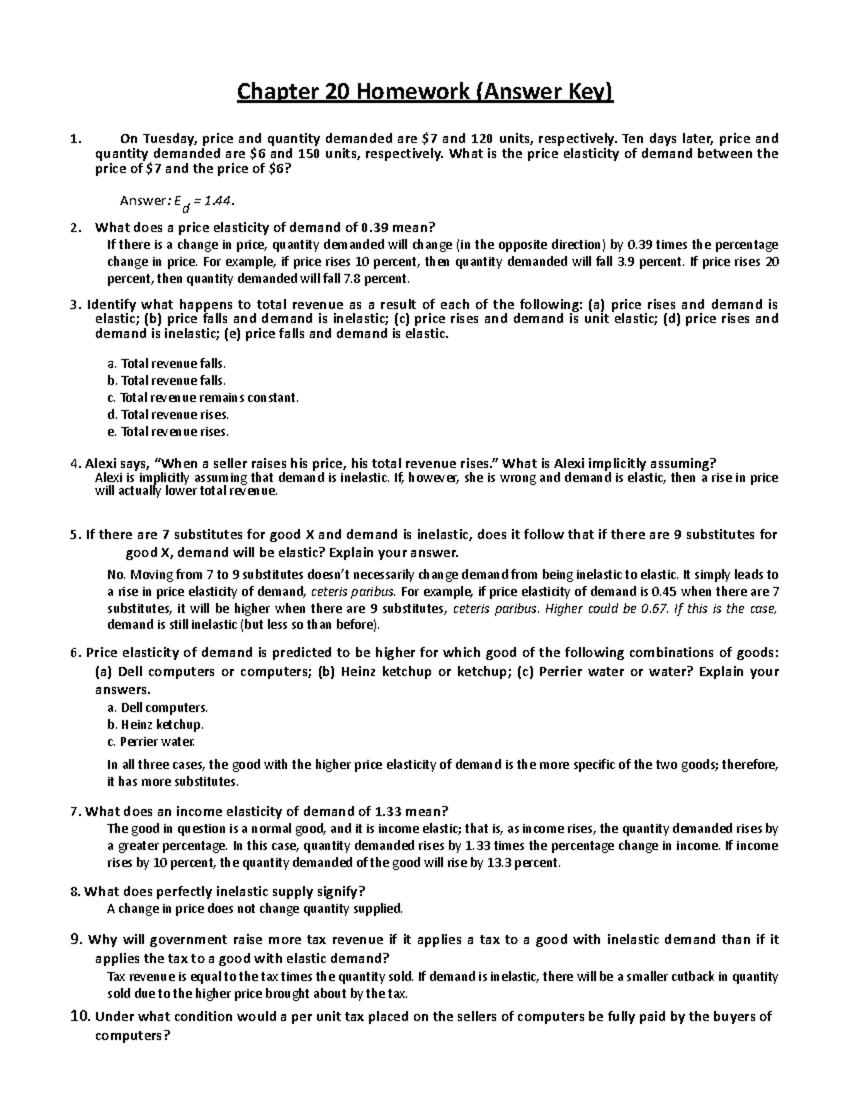 Ch 20 Homework Assignment Answer Key: Price Elasticity of Demand - Studocu