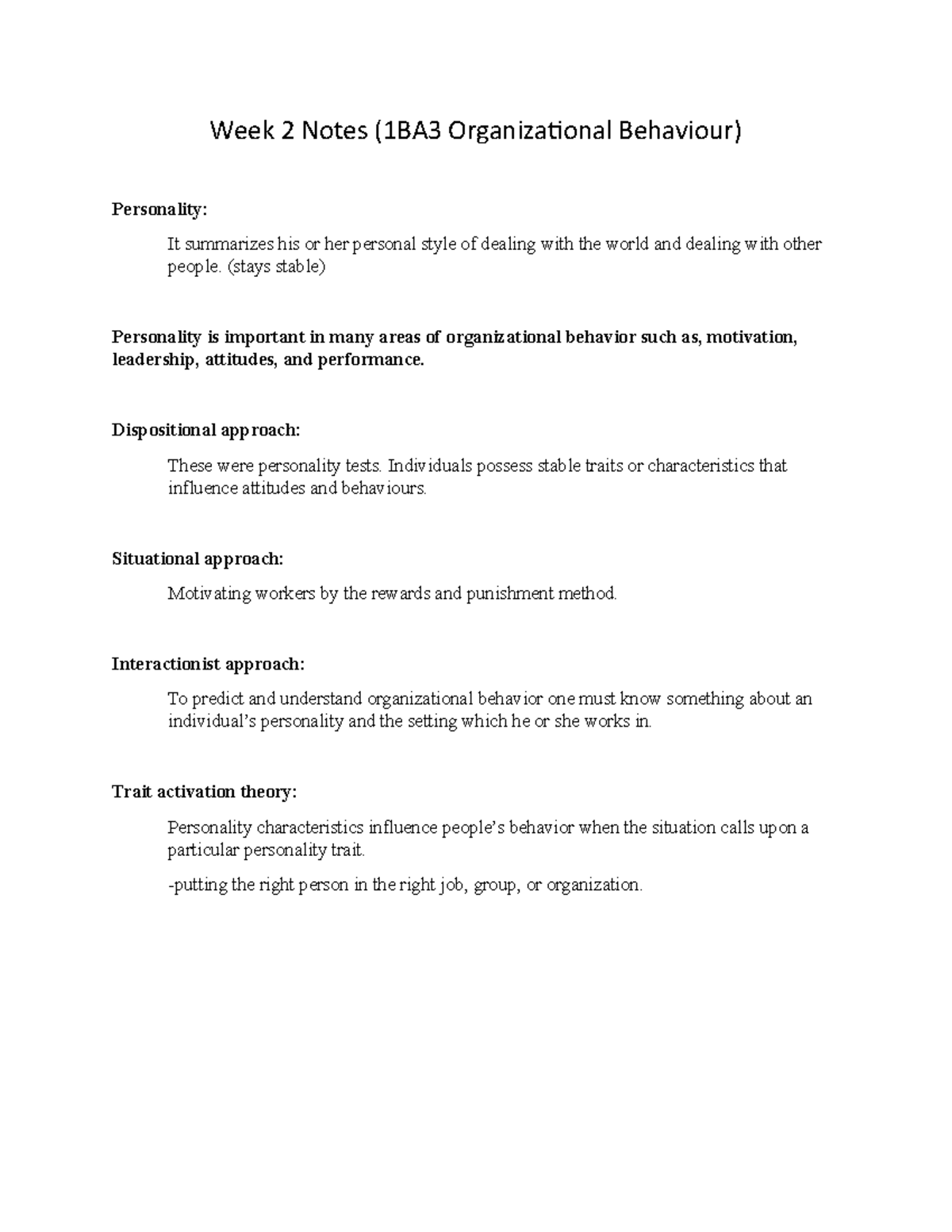 Week 2 Notes (1BA3 Organizational Behaviour) - Week 2 Notes (1BA3 ...