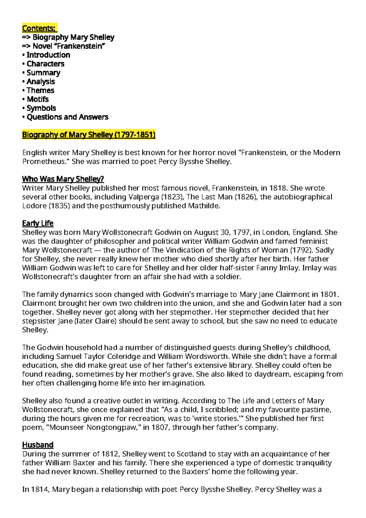 Novel; Frankenstein by Mary Shelley ASK - Contents; => Biography Mary ...