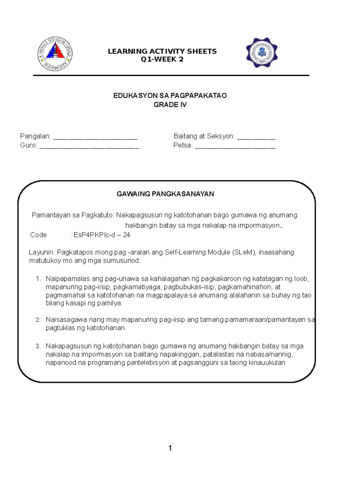Es P4 -LAS-Q1-WEEK 2 - EDUKASYON SA PAGPAPAKATAO GRADE IV Pangalan ...