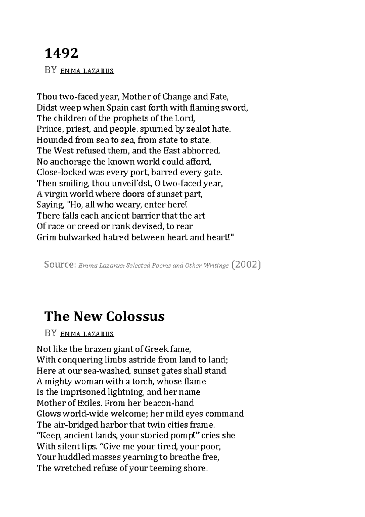 TP2 EMM A LAZARUS: Analysis of "Mother of Change" & "The New Colossus ...