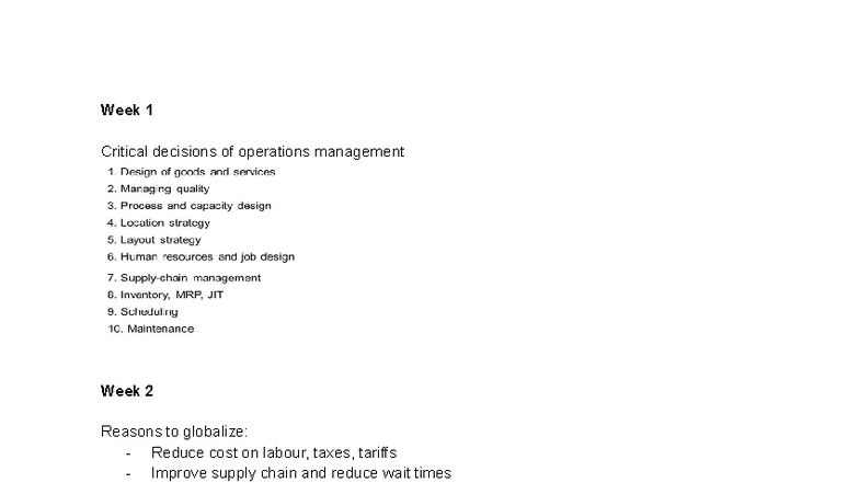 GMS401 - Operations Management: Week 1-10 Summary Notes - Studocu