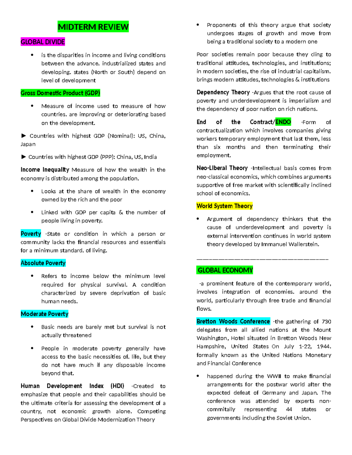 MIDTERM REVIEW: GLOBAL DIVIDE AND ECONOMIC SUSTAINABILITY - Studocu