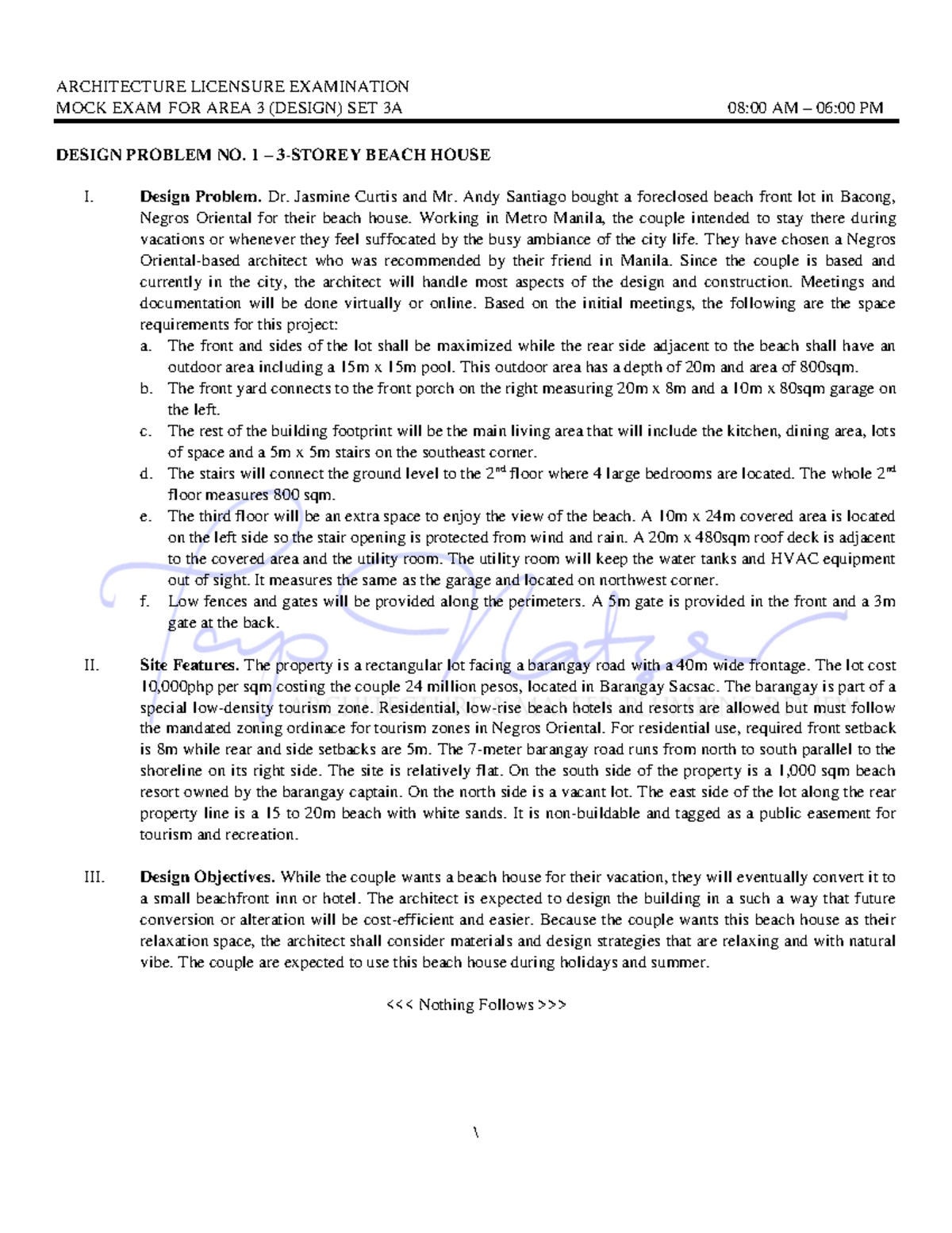 ARCHI LIC EXAM MOCK EXAM: DESIGN PROBLEMS SET 3A - Studocu