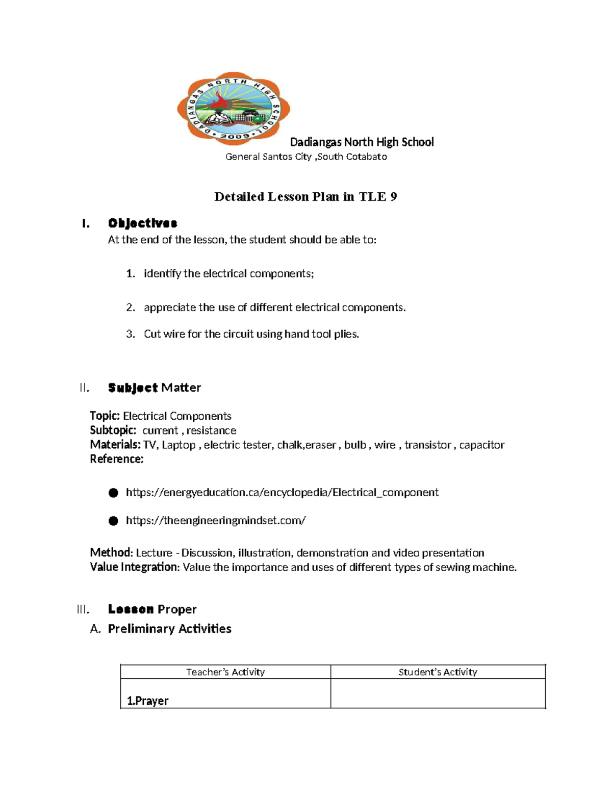 Detailed Lesson Plan in TLE 9: Understanding Electrical Components ...