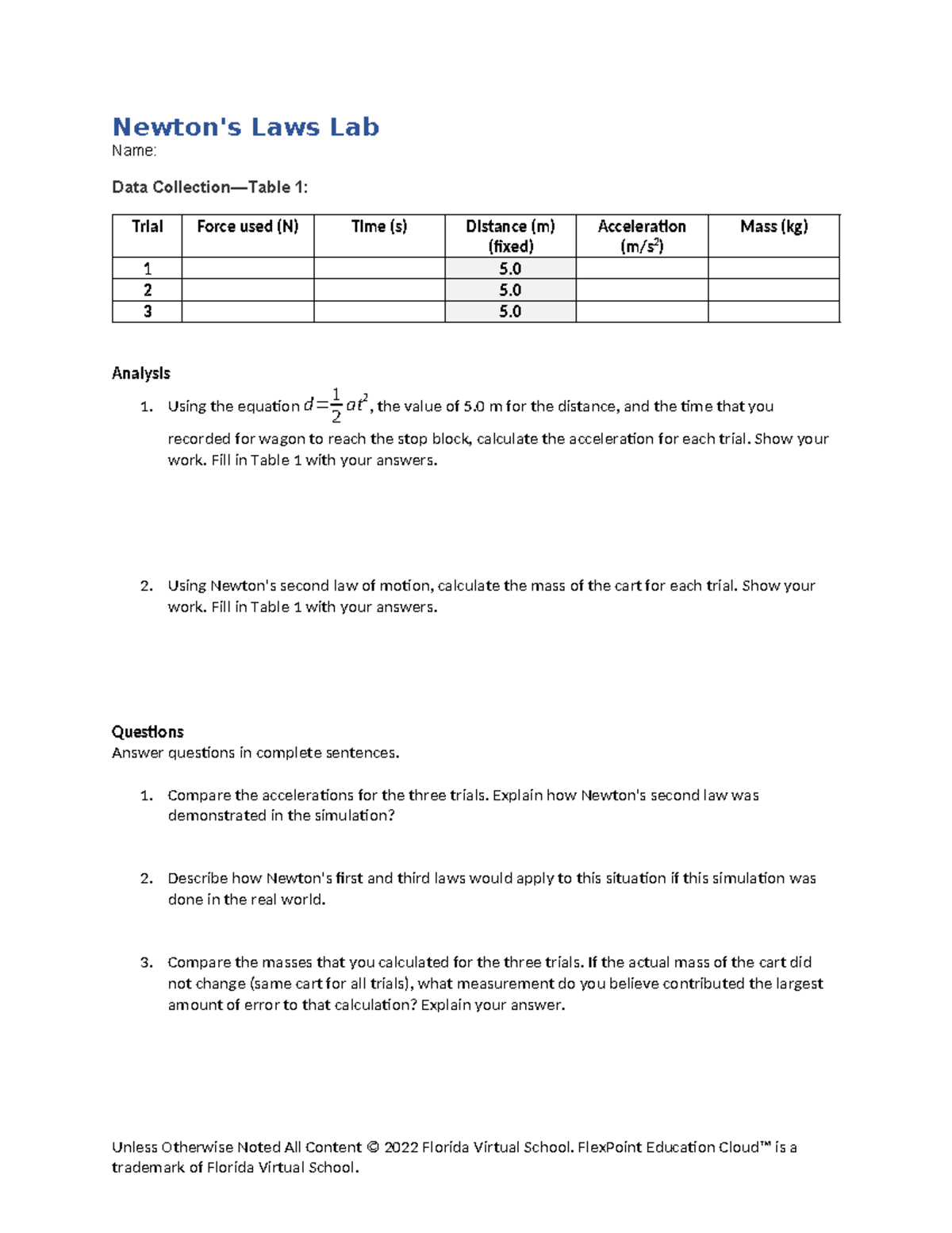 Newton's Laws Lab Worksheet 02 08 - Data Collection & Analysis - Studocu
