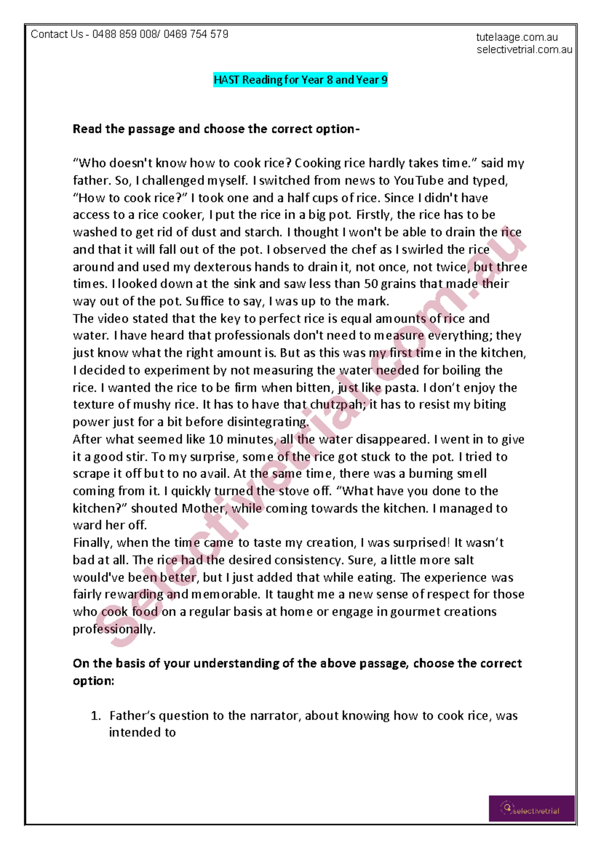 HAST Reading Comprehension - Year 9: Cooking Rice Experience - Studocu