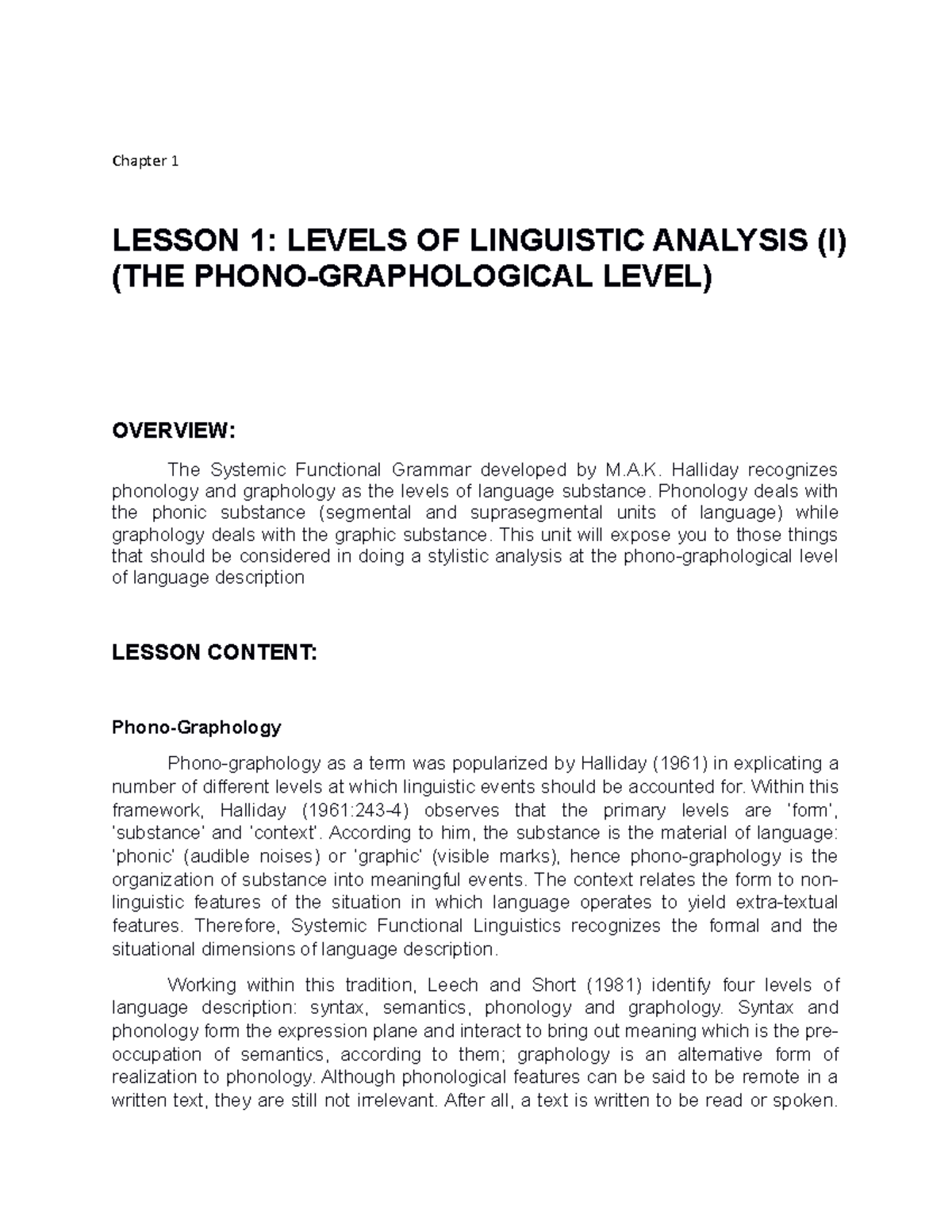 Language of Non-Literary Text (ENG 101) - Levels of Linguistic Analysis ...