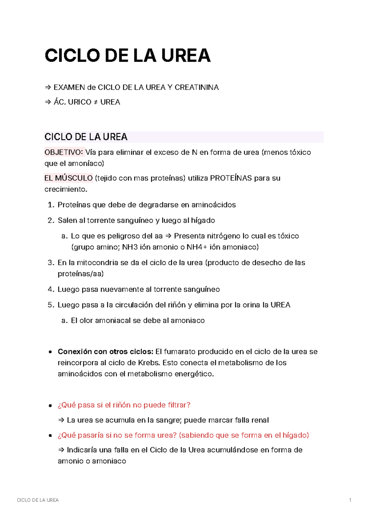 CICLO DE LA UREA: EXAMEN Y CONEXIONES METABÓLICAS - Studocu