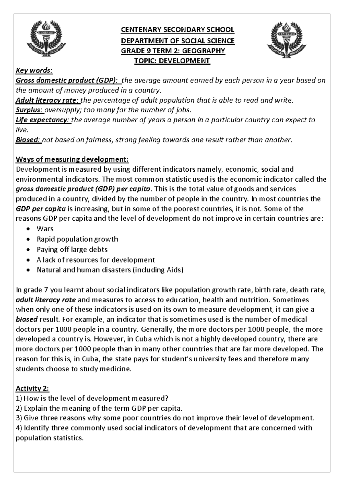 Grade 9 Geography Development: Measuring Progress Through Indicators ...